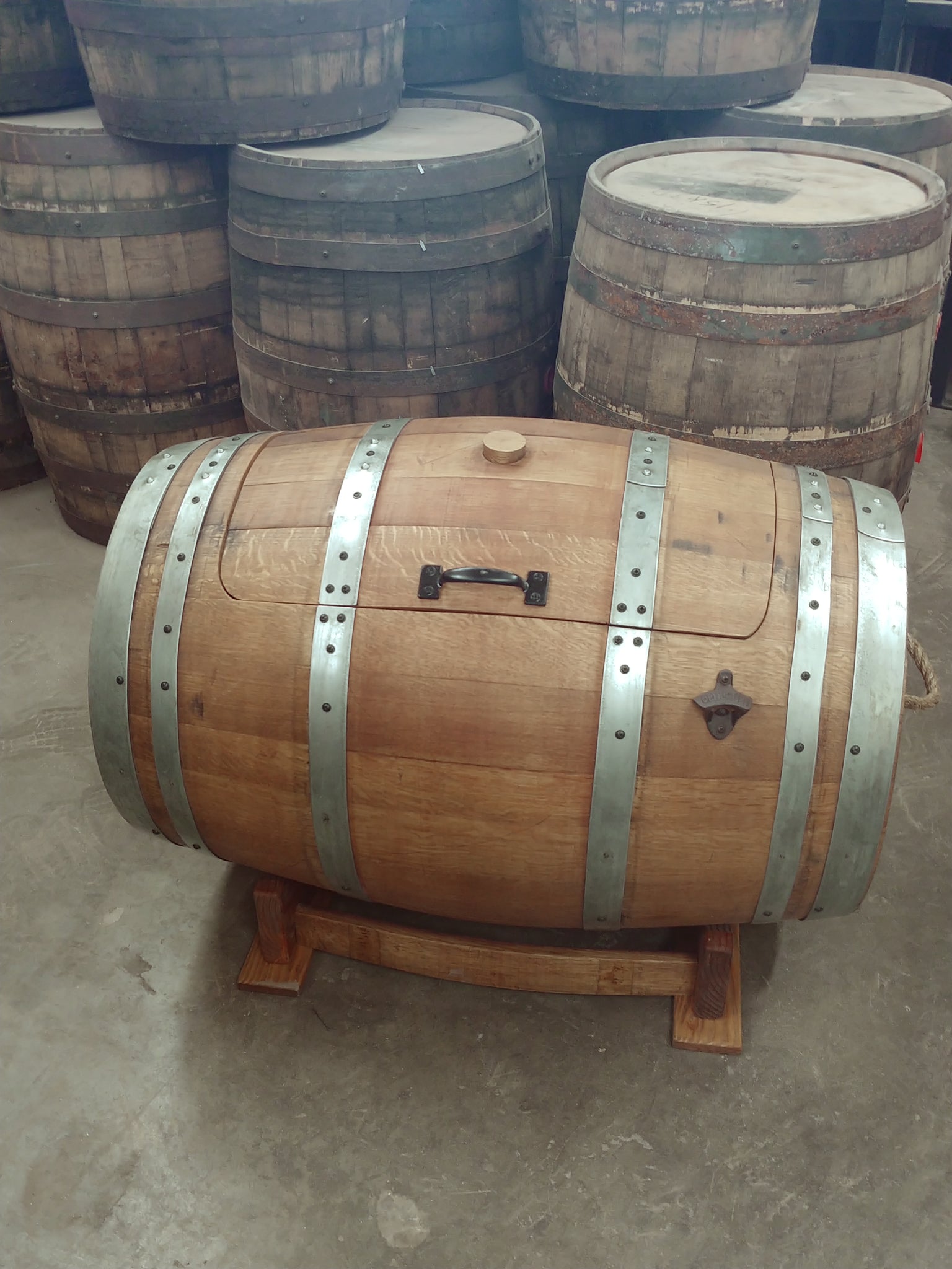 30 Gallon Whiskey Barrel Ice Chest on Combo Stand